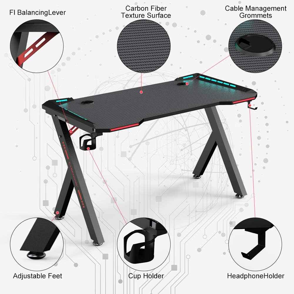 Gaming Desk RGB Lighting Ergonomic Gamer Workstation Computer Desk wit ...