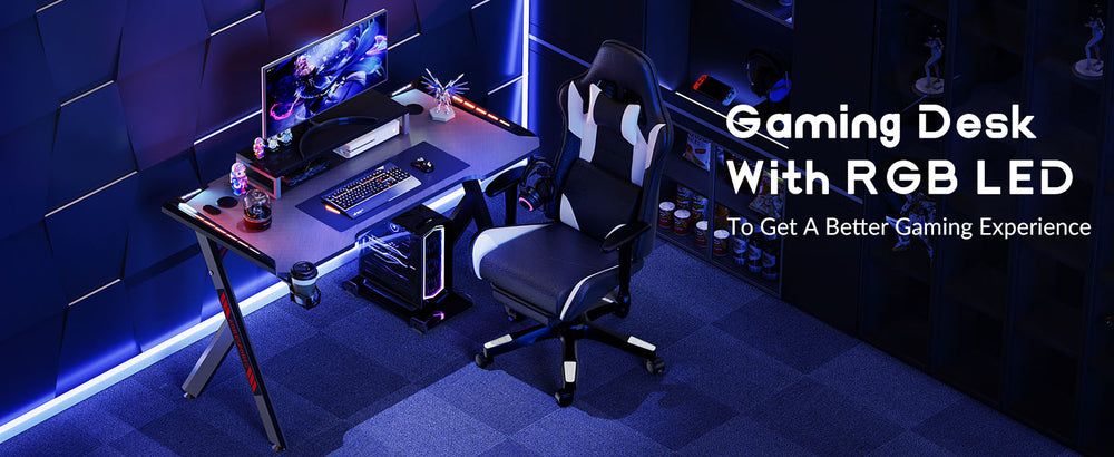 Gaming Desk RGB Lighting Ergonomic Gamer Workstation Computer Desk wit ...