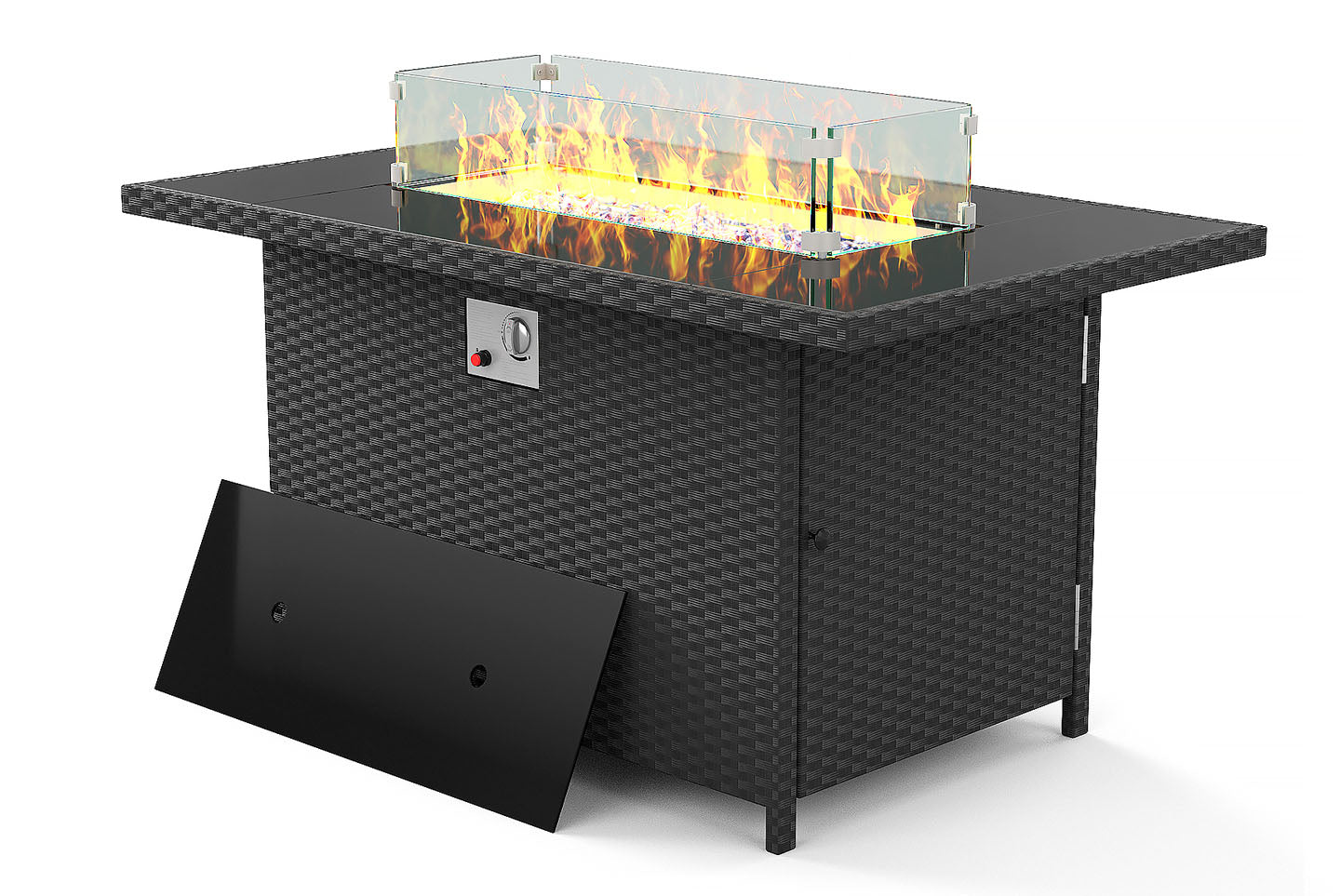 46 Inch 50000 BTU Outdoor Rectangular Rattan Fire Pit Table with Glass ...
